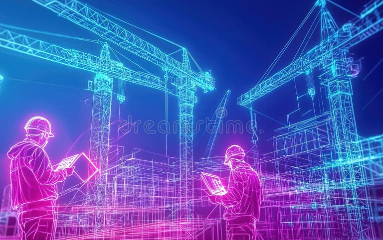 Construction Workers Using Digital Tools on a Building Site at Night ...