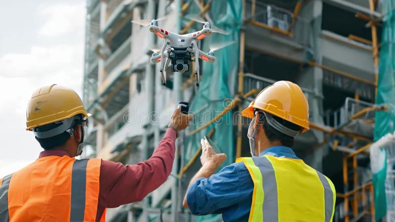 Construction Workers Operate a Drone at a Building Site. they Use ... Construction Workers Operate a Drone at a Building Site. they Use ...