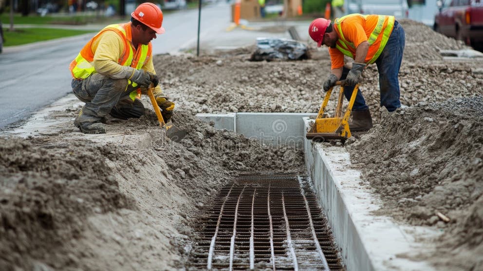 Construction Workers Using Equipment To Dig a Trench in a Roadside ...