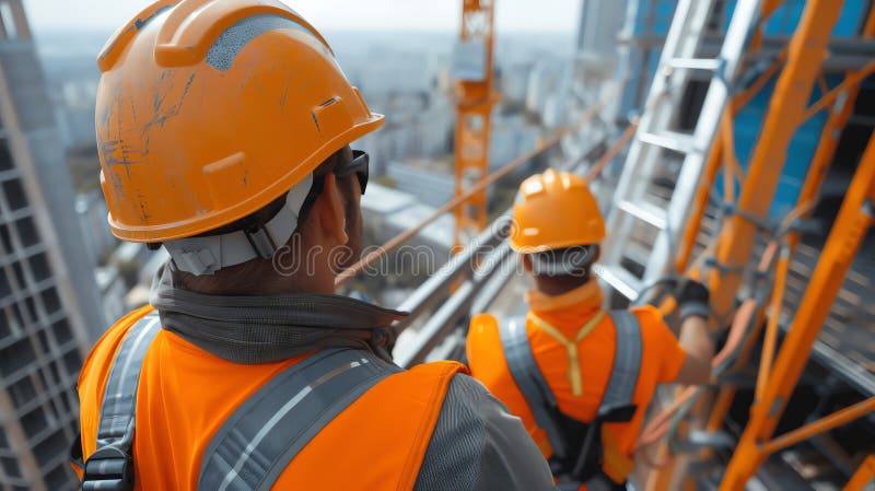Construction Workers Using Fall Protection Systems on a High-rise ...