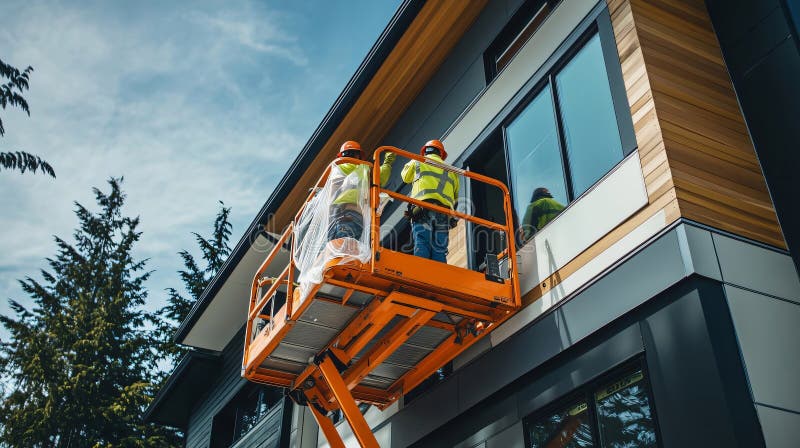 Construction Workers Using Scissor Lift Installing Windows on Modern ...