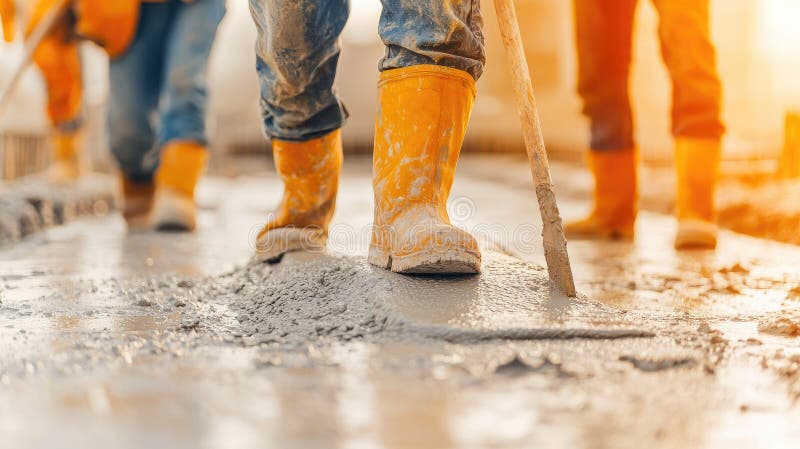 Construction Workers Using Tools To Finish Fresh Concrete on a Building ...