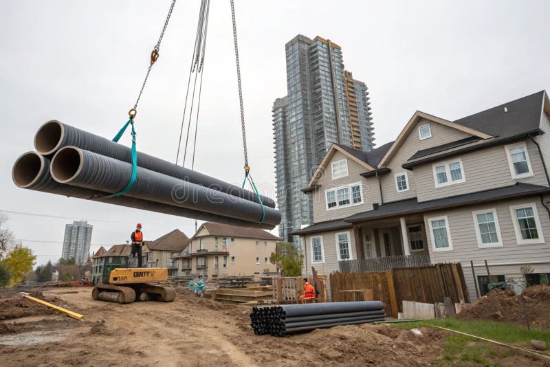Construction Landscape with Tower Crane Lifting Pipes Stock ...