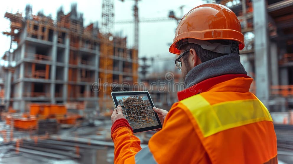Construction Workers Utilize Tablets for BIM Access on a Modern ...