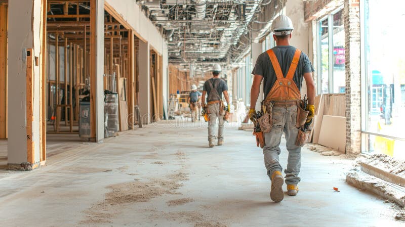 Construction Workers Utilizing Power Tools in a Newly Built Commercial ...