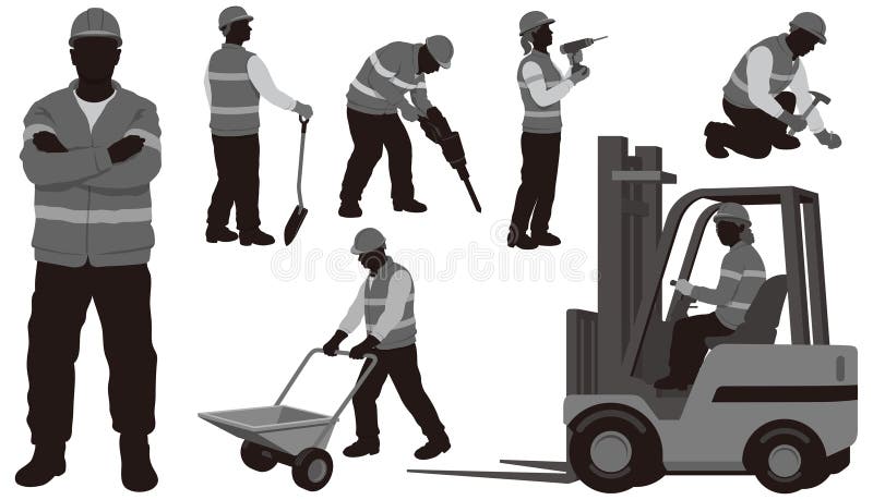 Construction Workers Vector Monochrome Illustration Set Isolated on a ...