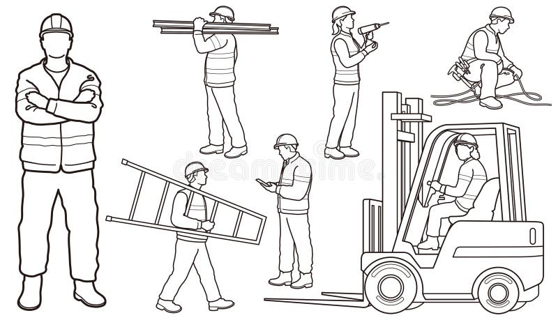 Construction Workers Vector Monochrome Line Drawing Set. Stock Vector ...