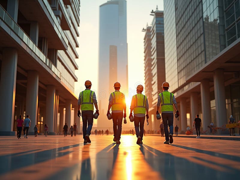 Construction Workers Walking in a Modern City at Sunset Stock Image ...