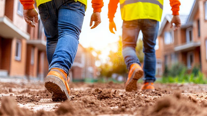 Construction Workers Walking through Muddy Ground Stock Illustration ...