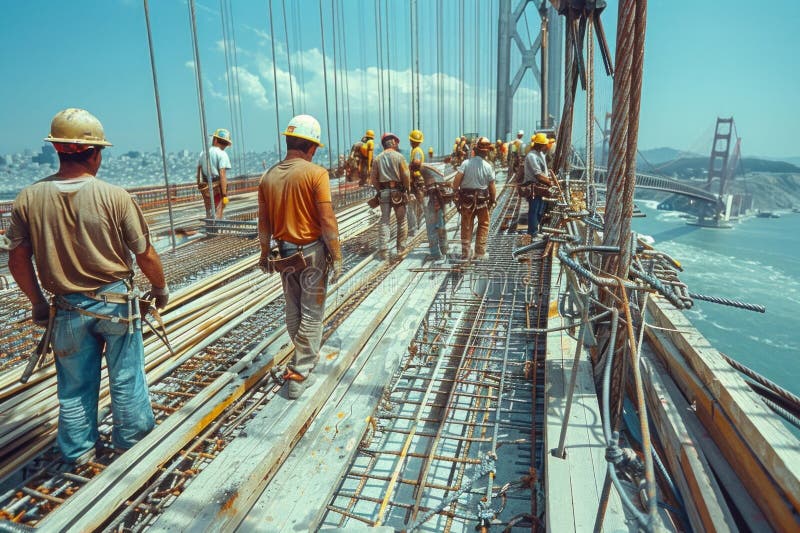 Construction Workers Walking on Steel Beam Above Golden Gate Bridge ...