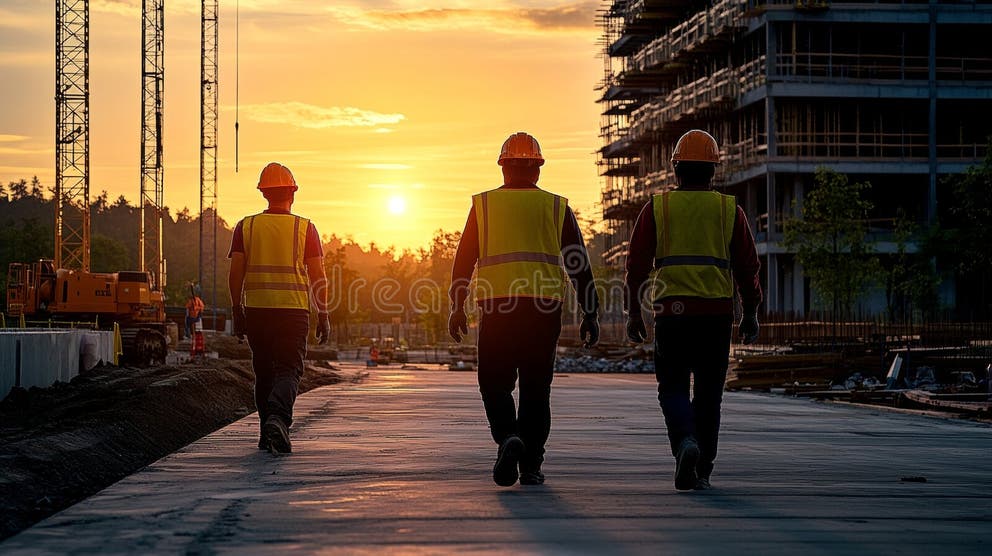 Construction Workers Walking at Sunrise on Site Stock Illustration ...