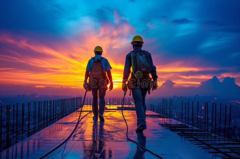 Construction Workers Walking on Top of a Building at Sunset Stock ...