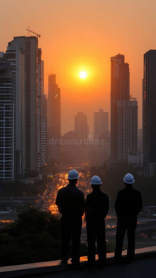 Construction Workers Watching a City Sunset with Skyscrapers and Heavy ...