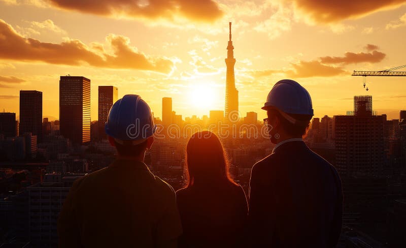 Construction Workers Watching Sunset Over City Skyline Stock ...