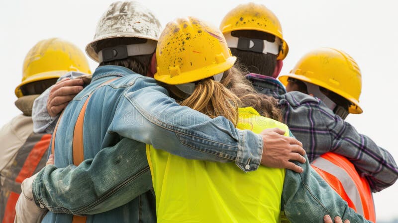 Construction Workers Wearing Hard Hats and Safety Vests, Embracing Each ...