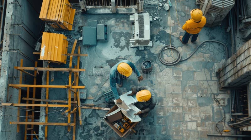 Construction Workers Wearing Hard Hats and Safety Vests are Working on ...