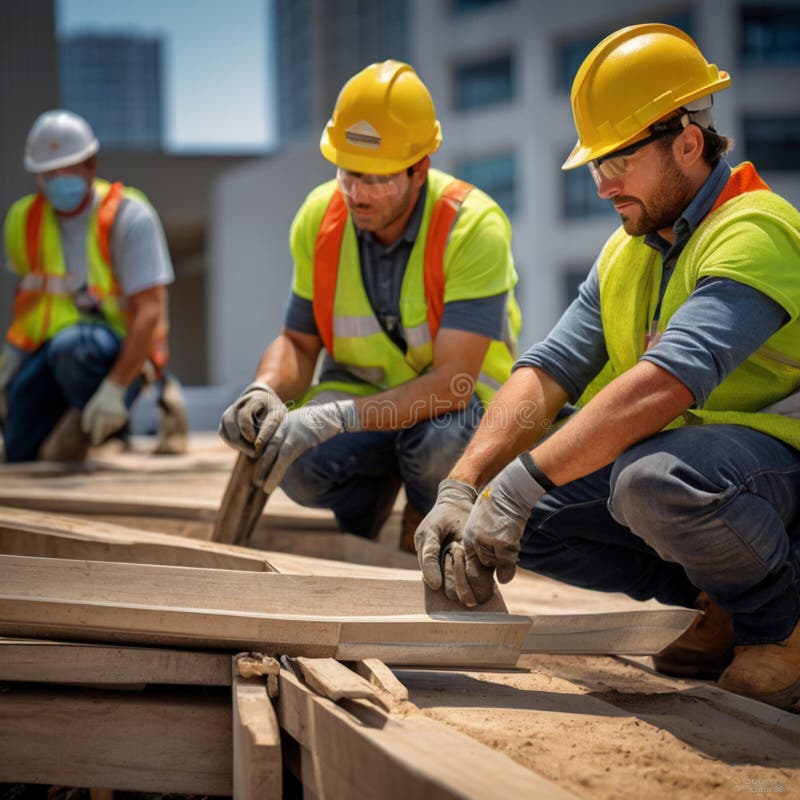 Construction Workers Wearing Safety Gear and Safety Harness while Installing Scaffolding at a ...