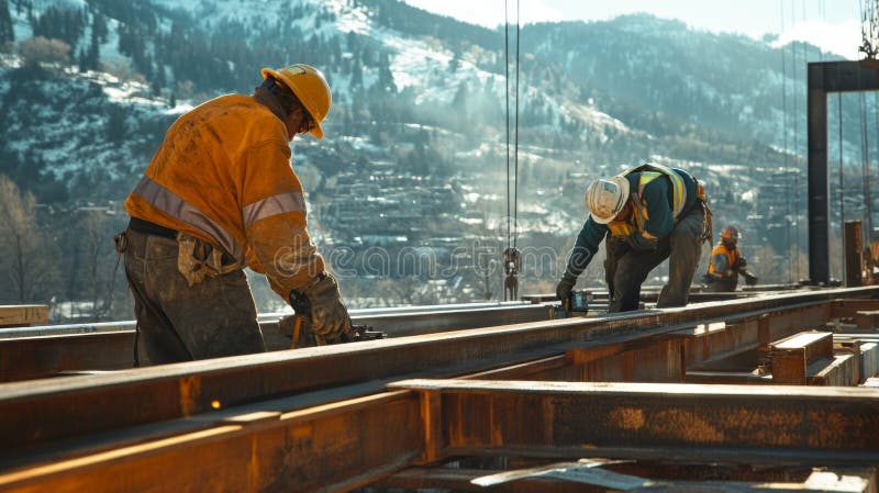 Construction Workers Welding Steel Beams on a Mountainside Stock ...