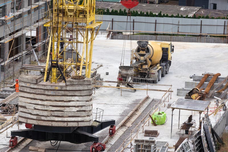 Construction Workers Working on Construction Machine. Aerial Platform ...