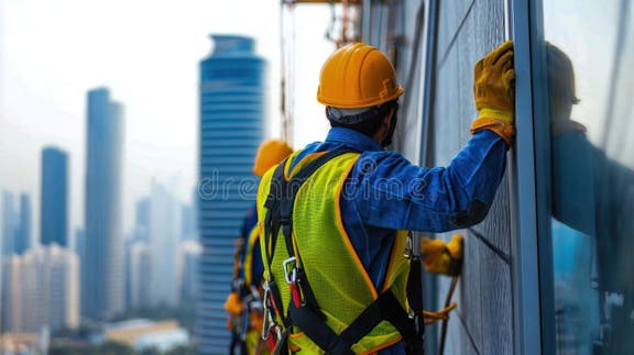 Construction Workers Working on the Exterior of a Skyscraper in a ...