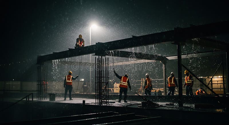 Construction Workers Working at Night on Building Site in the Rain ...