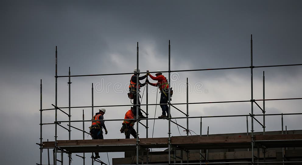 Construction Workers Working on Scaffolding Against a Cloudy Sky ...