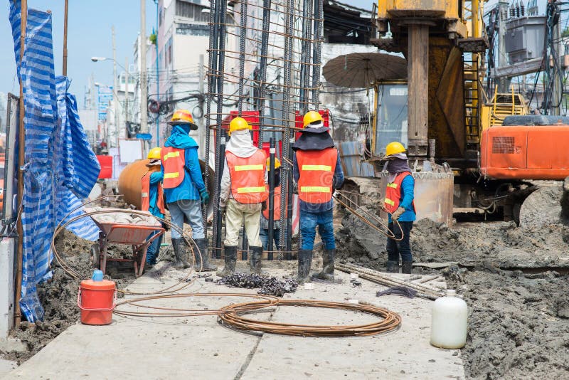 Construction Workers Working in Site Bridge Piling Stock Image - Image ...