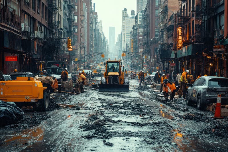 Construction Workers and a Yellow Backhoe Work on a Muddy City Street ...