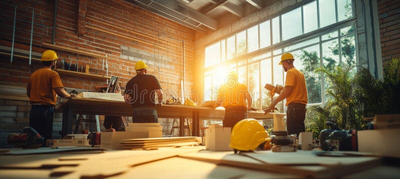 Construction Workers in Yellow Hard Hats Working in a Workshop with ...