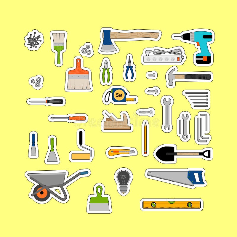 Construction or Working Tools Stickers Stock Vector - Illustration of ...