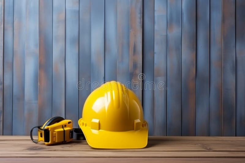 Construction Works Scheme with Yellow or Blue Helmet and Tools on Light ...