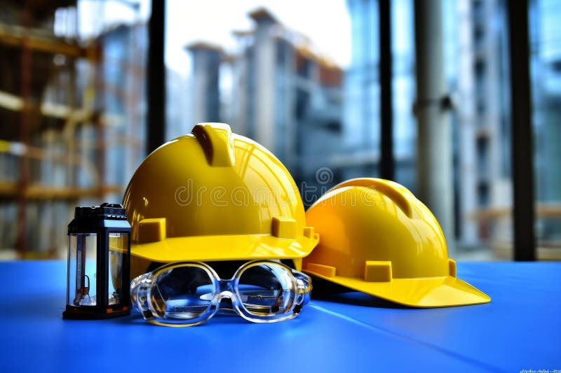 Construction Works Scheme with Yellow or Blue Helmet and Tools on Light ...