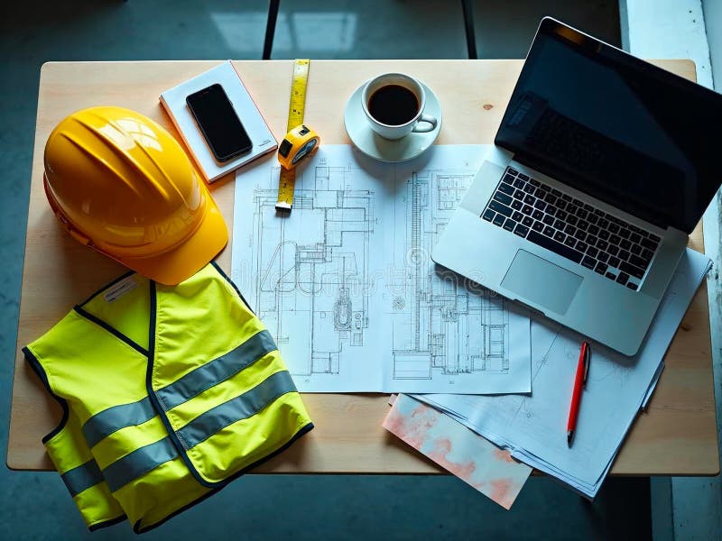 Construction Workspace with Blueprint, Safety Helmets Stock ...