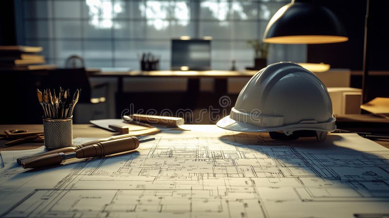 Construction Workspace Featuring Hard Hat, Blueprints, and Tools ...