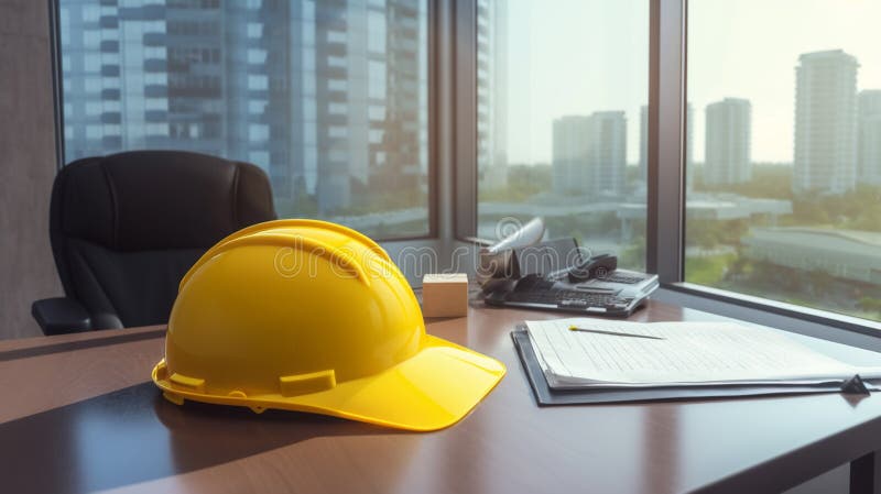 Construction Yellow Helmet on Working Table in Office Front of Window ...