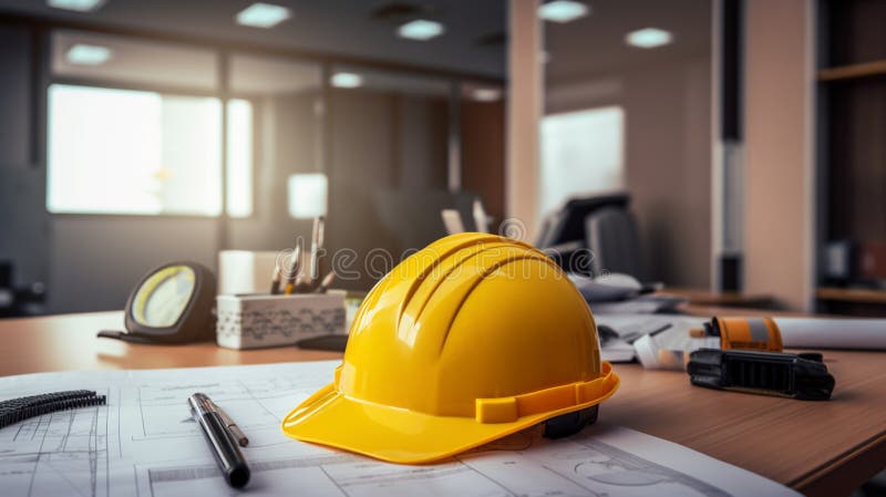 Construction Yellow Helmet on Working Table in Office Front of Window ...