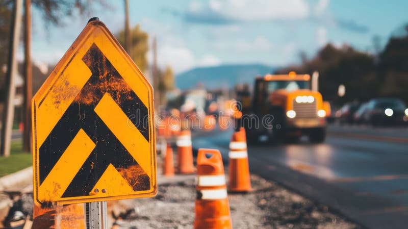 Construction Zone Ahead: Caution Sign with Chevron Arrow and Heavy ...