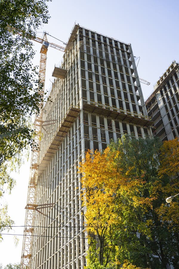 Construction Zone with Building and Cranes Stock Photo - Image of blue ...
