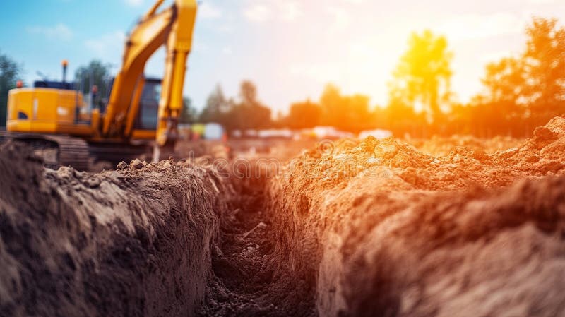 A Construction Zone with Heavy Machinery Digging Trenches for Utility ...