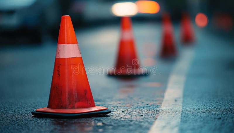 Construction Zone Roadway Section Marked by Bright Orange Traffic Cones ...