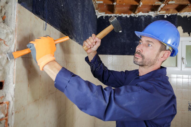 Constructon Worker Using Hammer and Chisel Stock Image - Image of happy ...