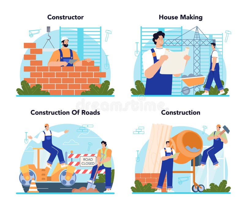 Constructor Concept Set. House and Road Building Process. Workers ...