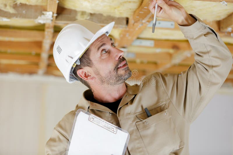 Constructor Engineer Man Marking Wood Structure Stock Image - Image of ...