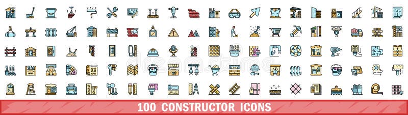 100 Constructor Icons Set, Color Line Style Stock Vector - Illustration ...