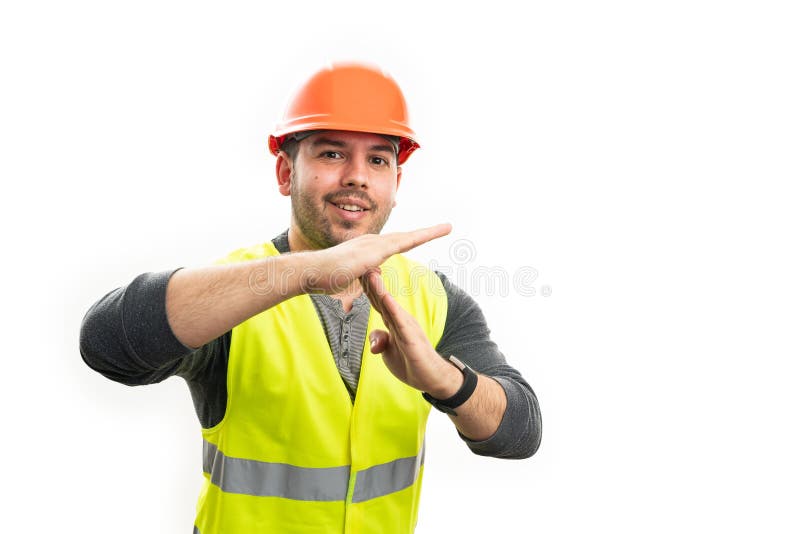 Constructor Man Making Timeout Gesture with Friendly Expression Stock ...
