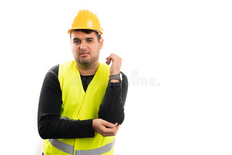Constructor Man Touching Painful Elbow with Blank Copyspace Stock Image ...