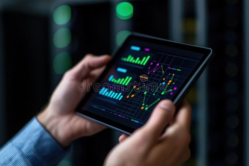 Consultant Checks Server Room Performance Metrics On Tablet Analyzing Tech Infrastructure Stock