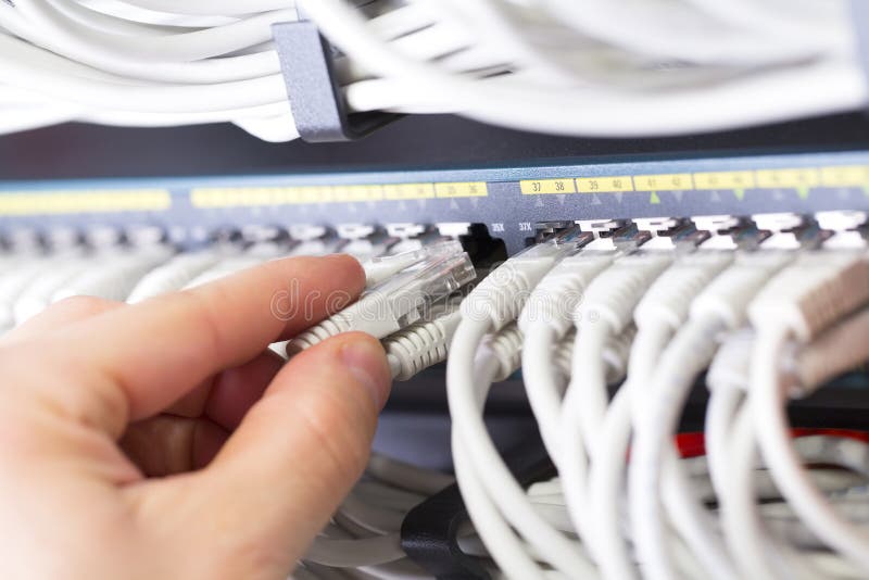 It Consultant Connects a Network Cable into Switch in Datacenter Stock ...