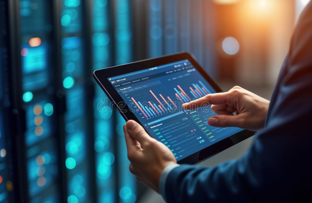 Consultant Examines Server Room Performance Data on Tablet. Data Analysis Shows Metrics about ...