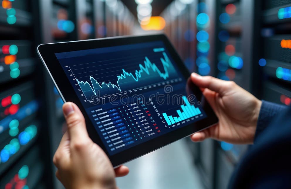 Consultant Examines Server Room Performance Metrics on Tablet. Data ...